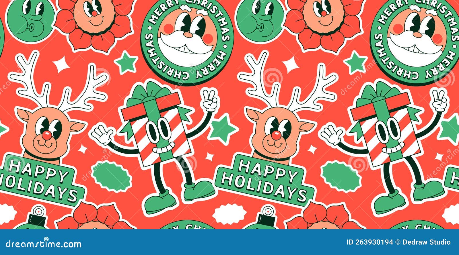 Funny Vintage Christmas Cartoon Character Label Seamless Pattern Stock ...