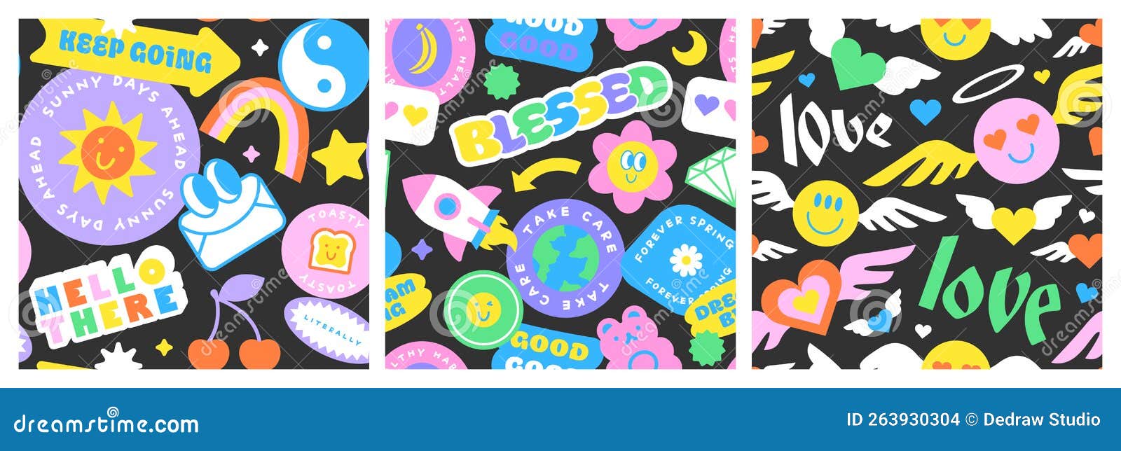 Colorful Funny Happy Face Label Seamless Pattern Set Stock Vector ...