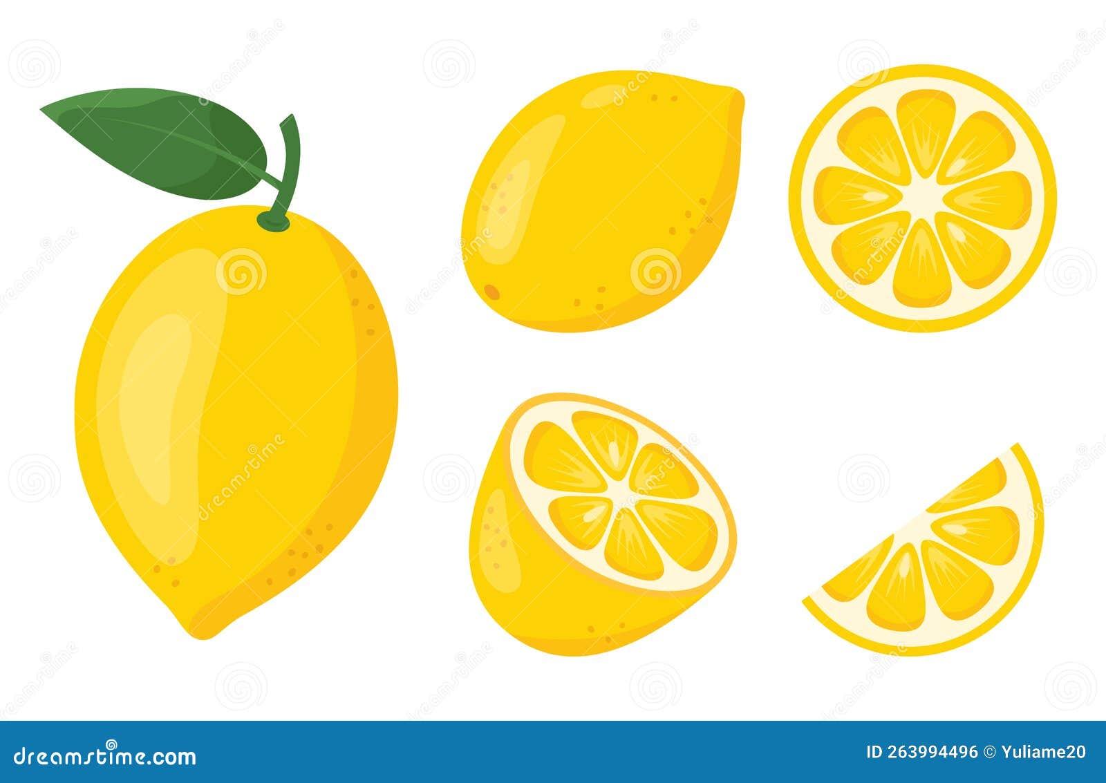 Cartoon Illustrations of Fresh Ripe Lemon. Whole and Sliced Citrus Set ...