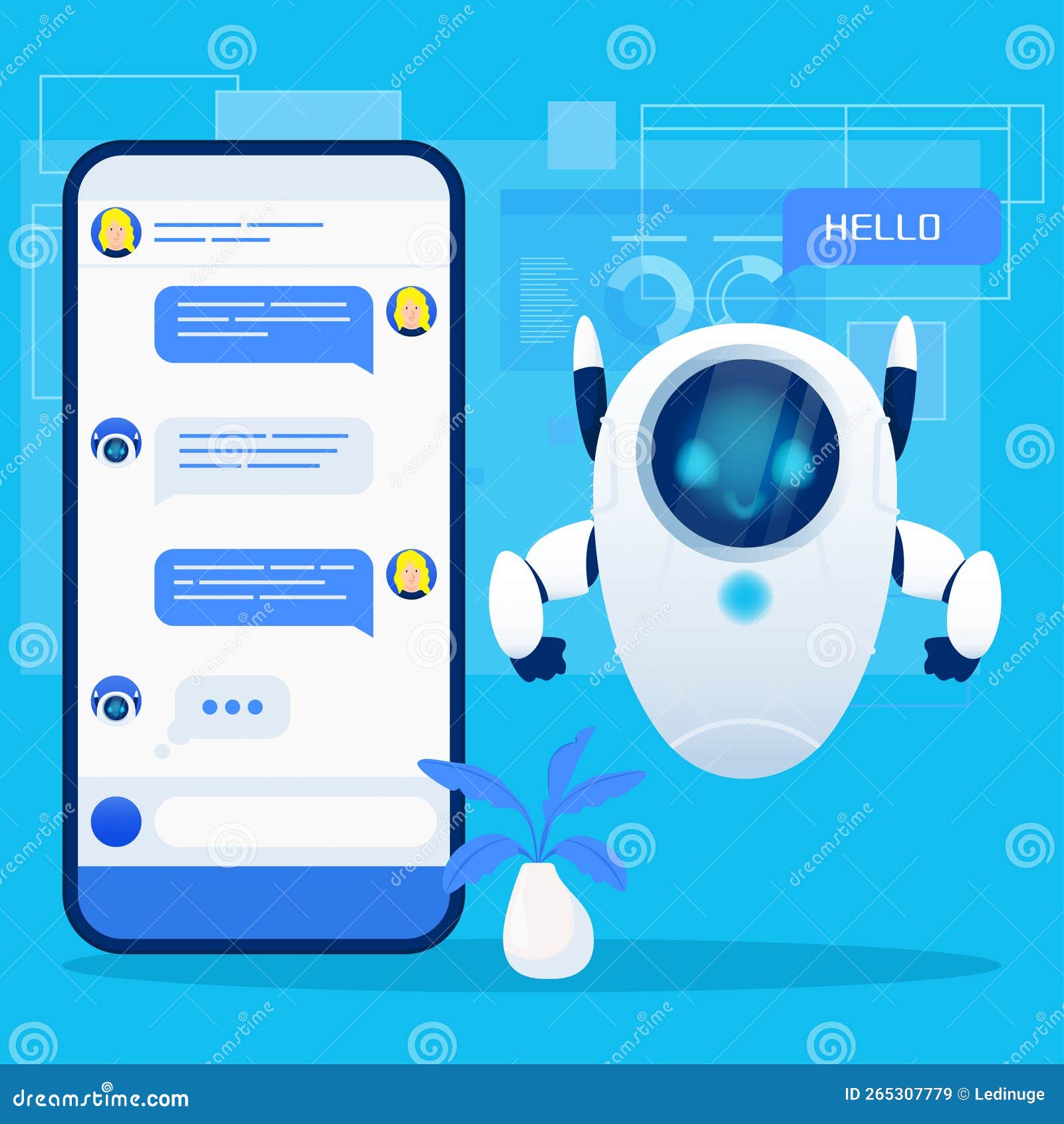 Cute Chat Robot, Chatbot, Character Mascot with Smartphone Stock Vector ...