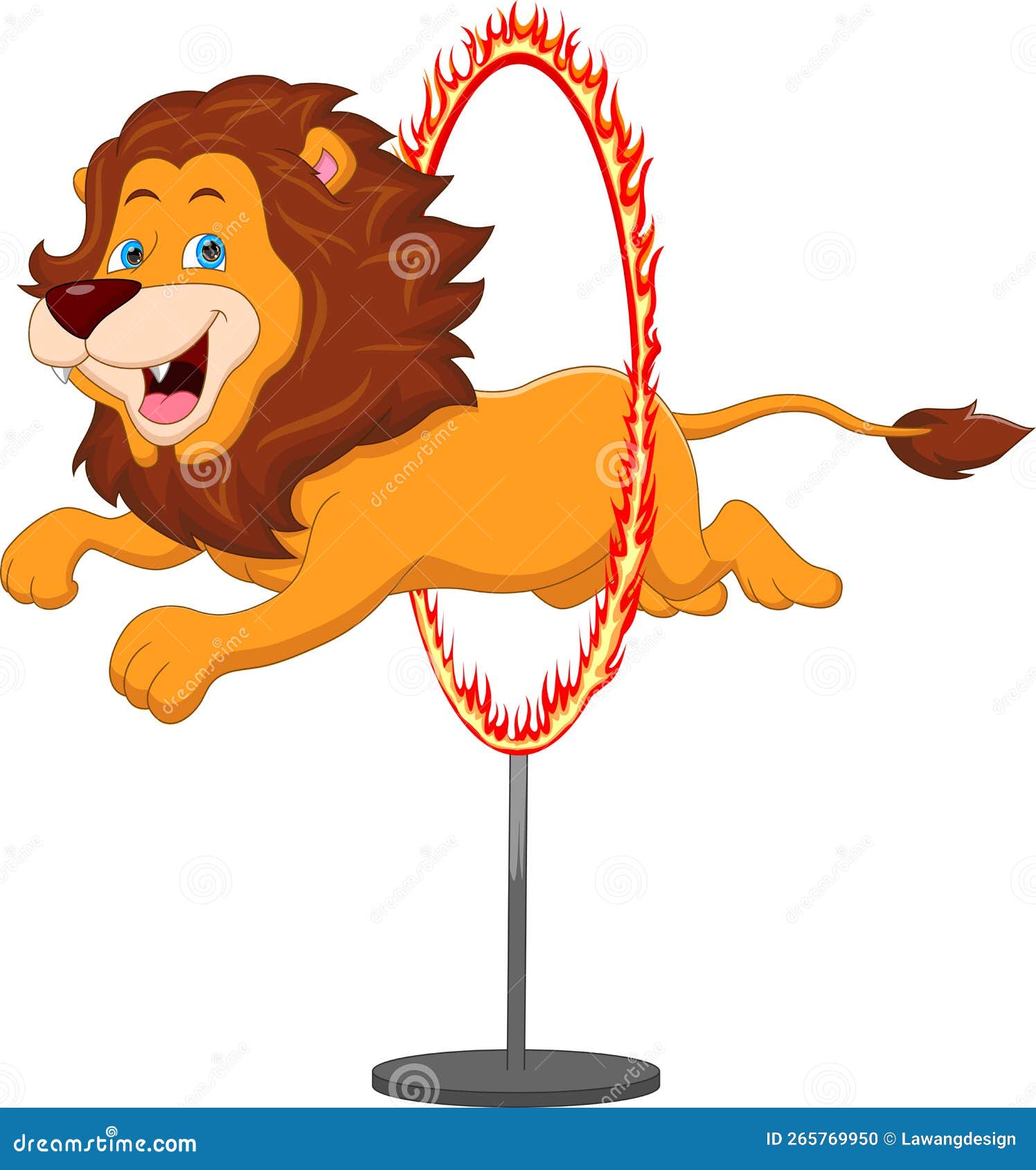Lion In Circus. Wild Angry Lion Acrobat Jumping In Fire Circle Circus ...