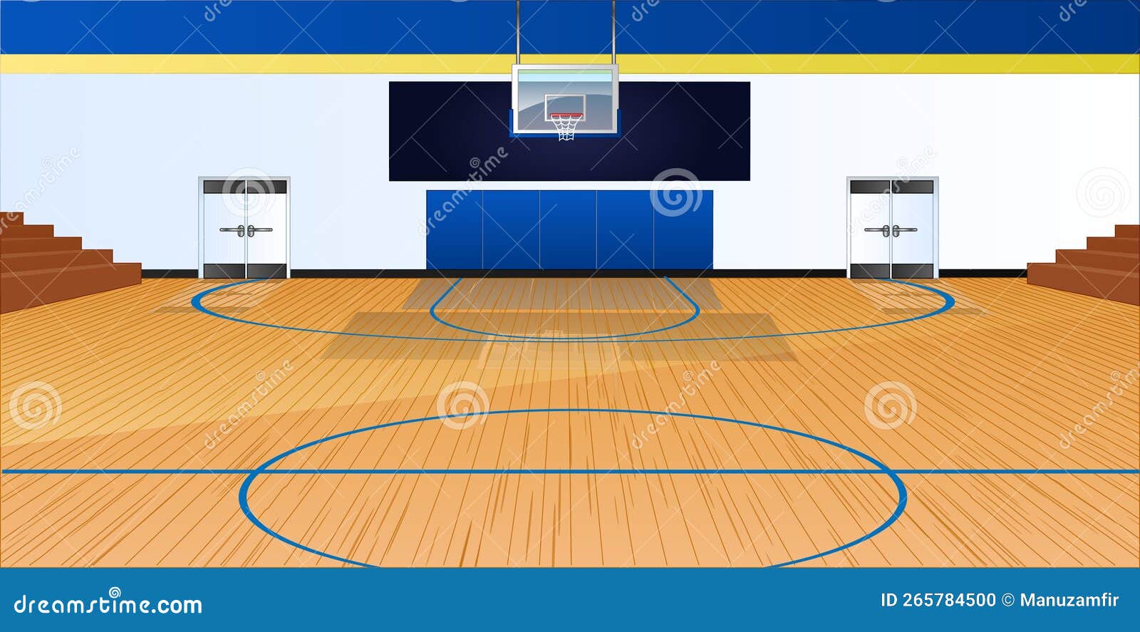 Indoor Basketball Court With Dim Lighting, Wooden Flooring, Hoop, And ...