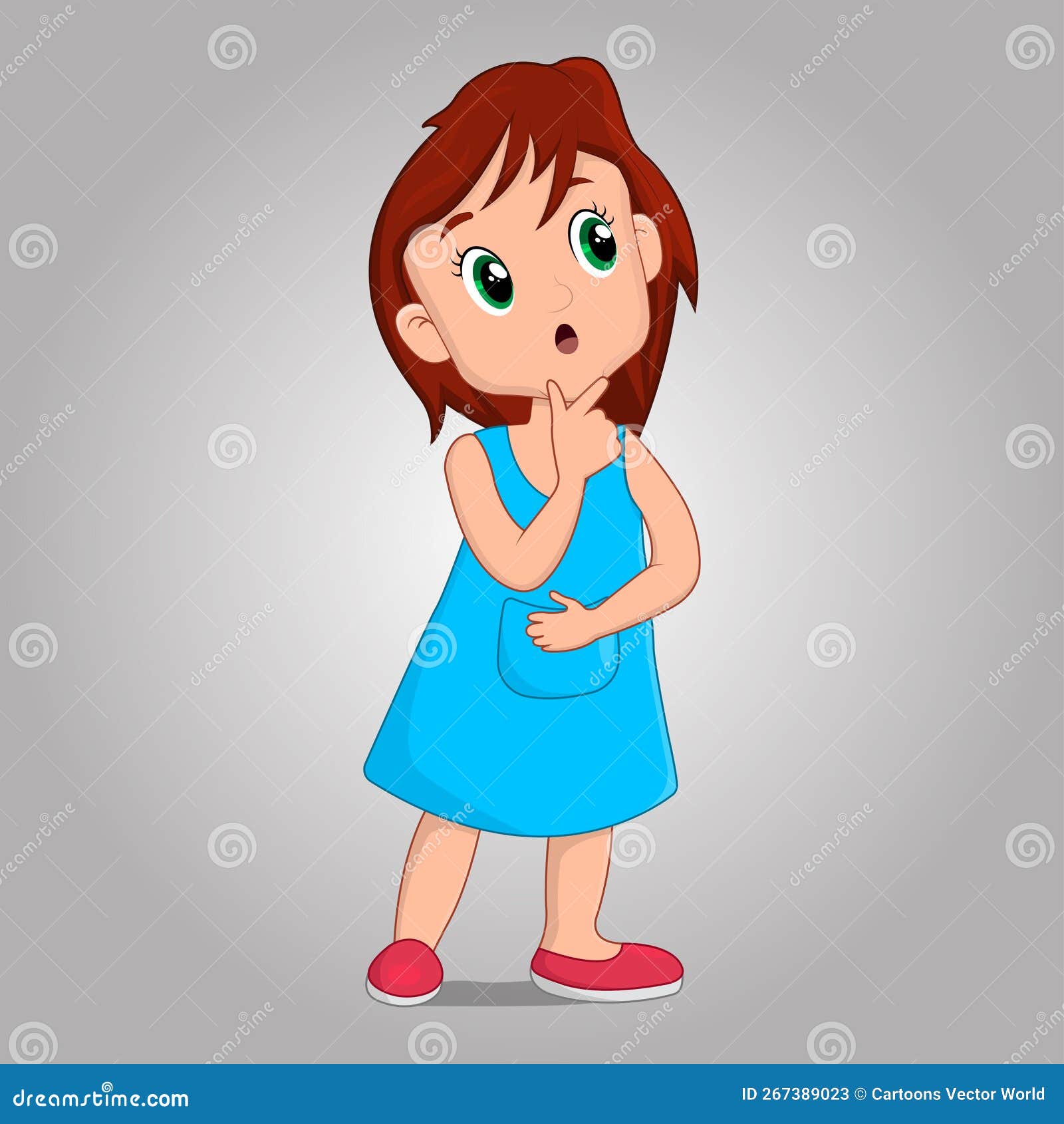 Cute Little Girl Thinking Pose, 2d Cartoon Character Vector Stock ...