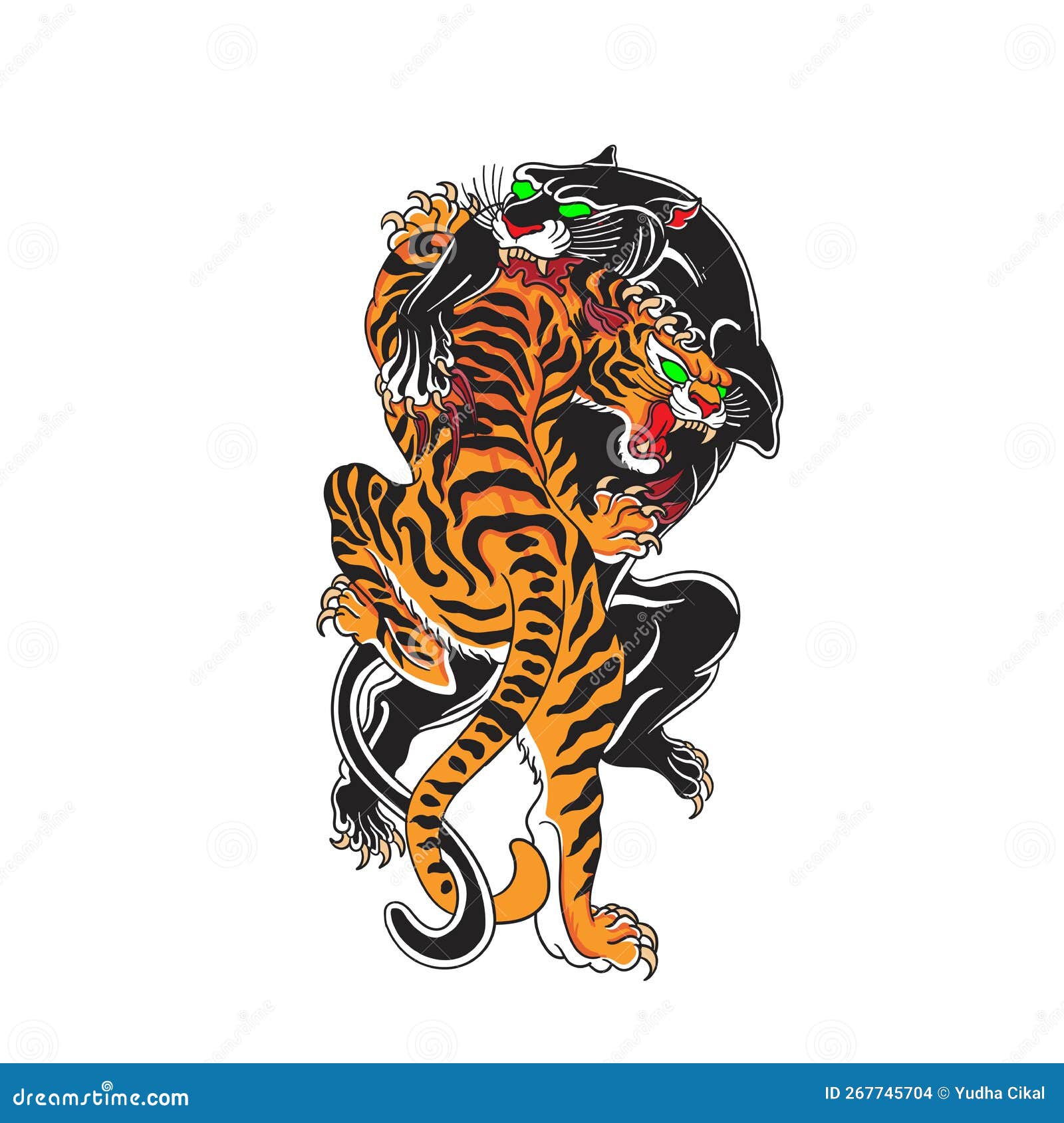 Fighting Tiger And Panther Traditional Tattoo Design Outline Vector ...