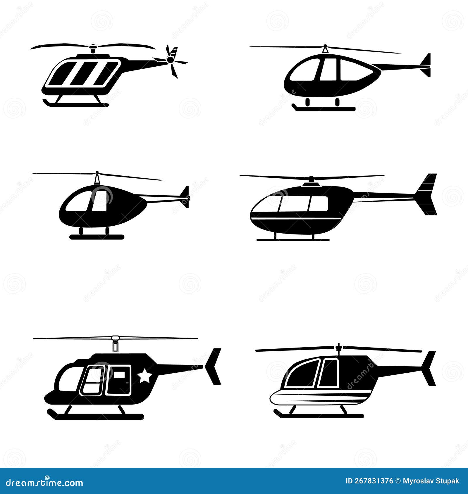 Helicopter Icons Set Over White Background, Silhouette Style, Vector ...