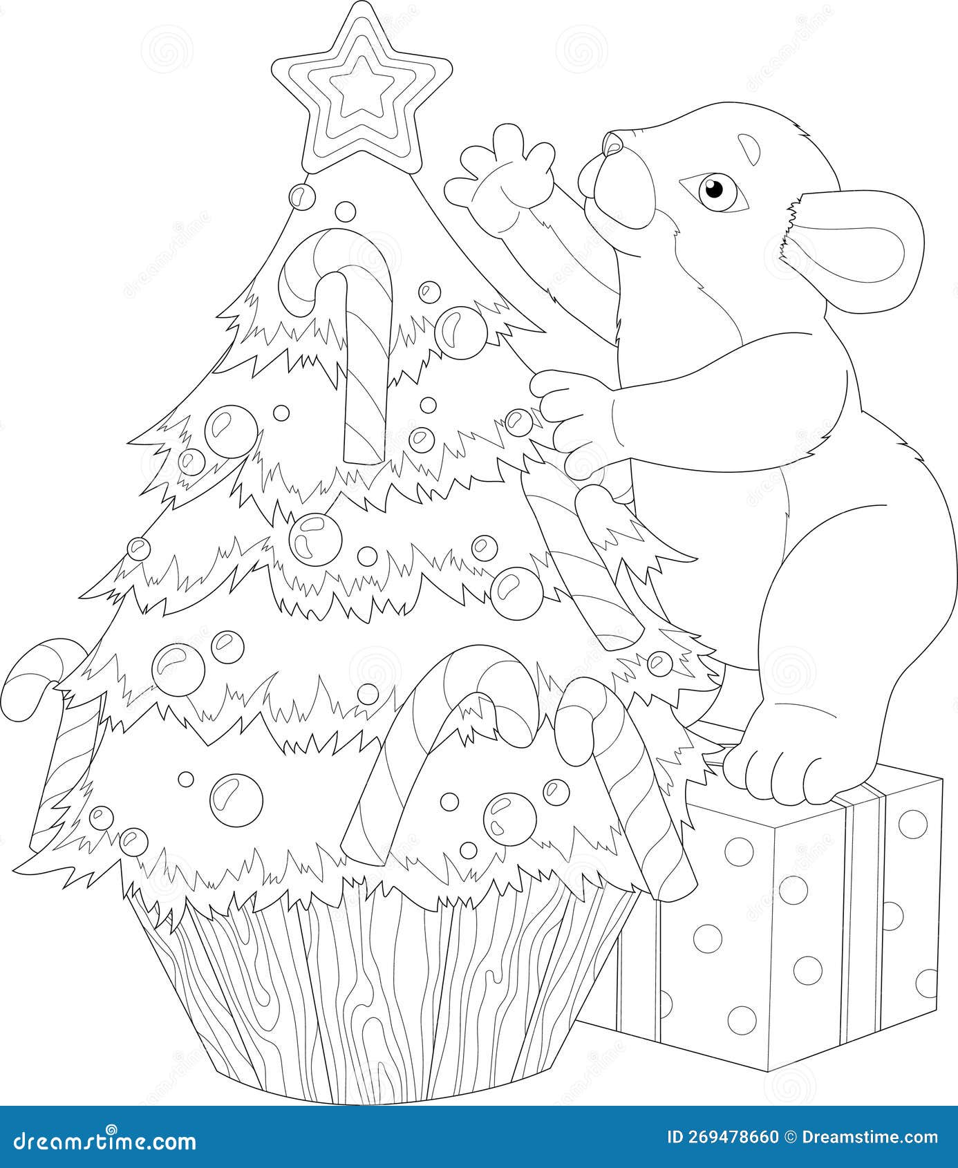 Cartoon Cute Mouse Decorating Christmas Tree Sketch Template. Winter ...