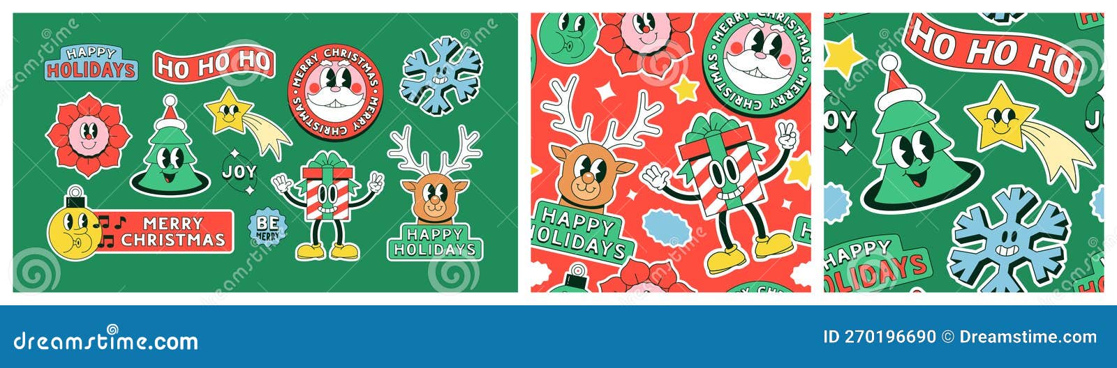 Funny Vintage Christmas Cartoon Character Label Seamless Pattern Stock ...