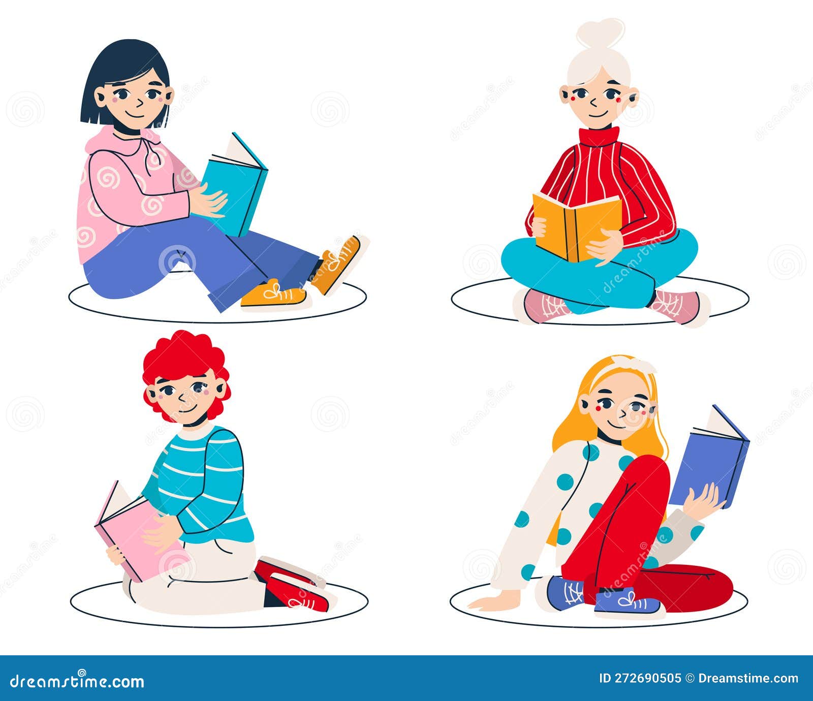 Set of Vector Illustrations with Cartoon Girls Women Reading a Book ...
