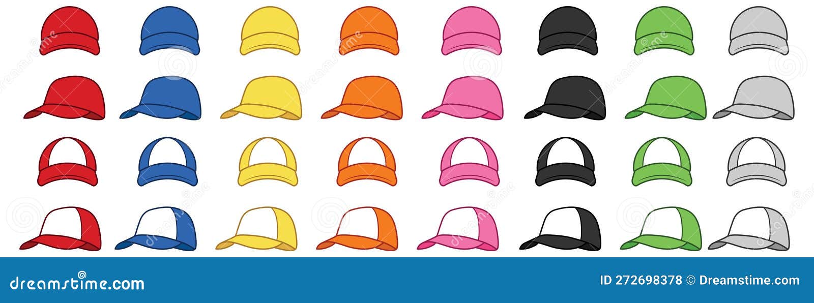 Multi Color Baseball Hat Clipart Set - Front and Side Views Stock ...