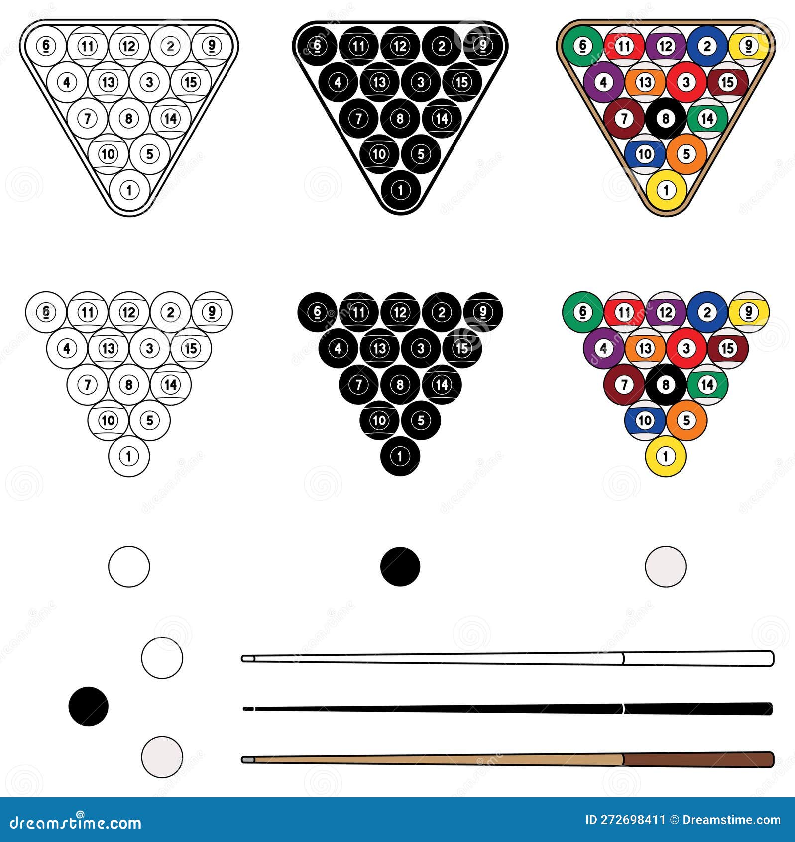 Billiards Pool Rack Set Up with White Ball and Cue Clipart - Outline ...