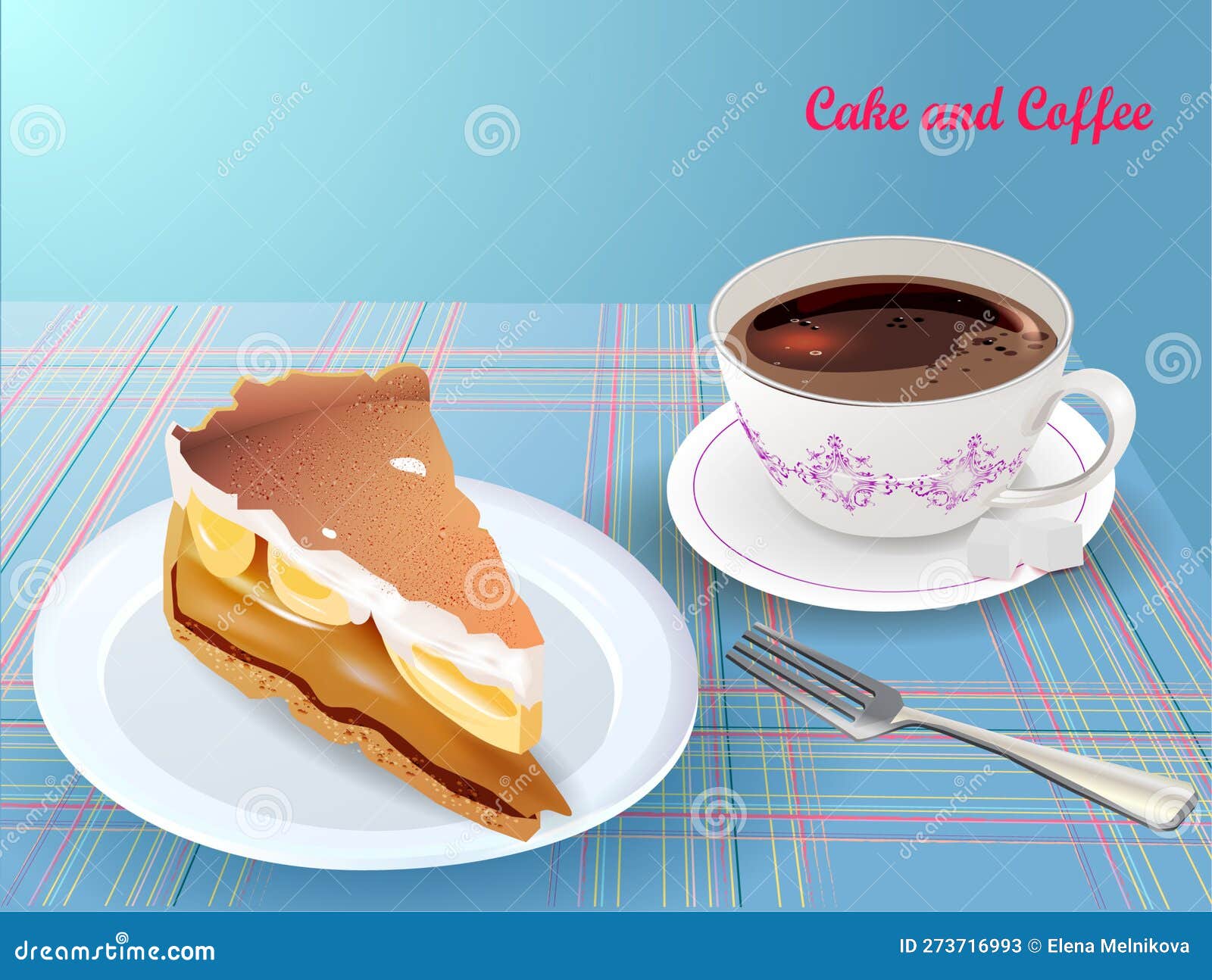 Cup of Tea and a Cake on a Blue Tablecloth . Stock Vector ...