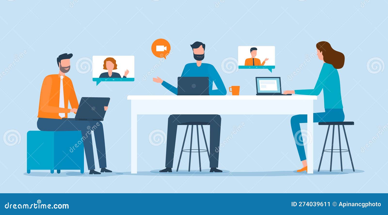 Flat Vector Business People Team Working Meeting and Online Video ...