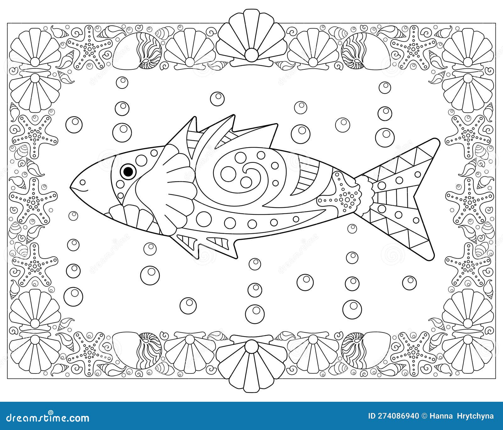 Antistress Coloring Book with Fish and Shells Frame - Vector Linear ...