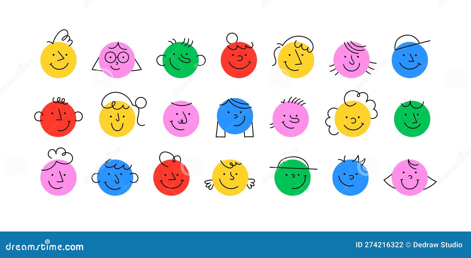 Colorful Cartoon Character Face Circle Avatar Illustration Set Stock ...
