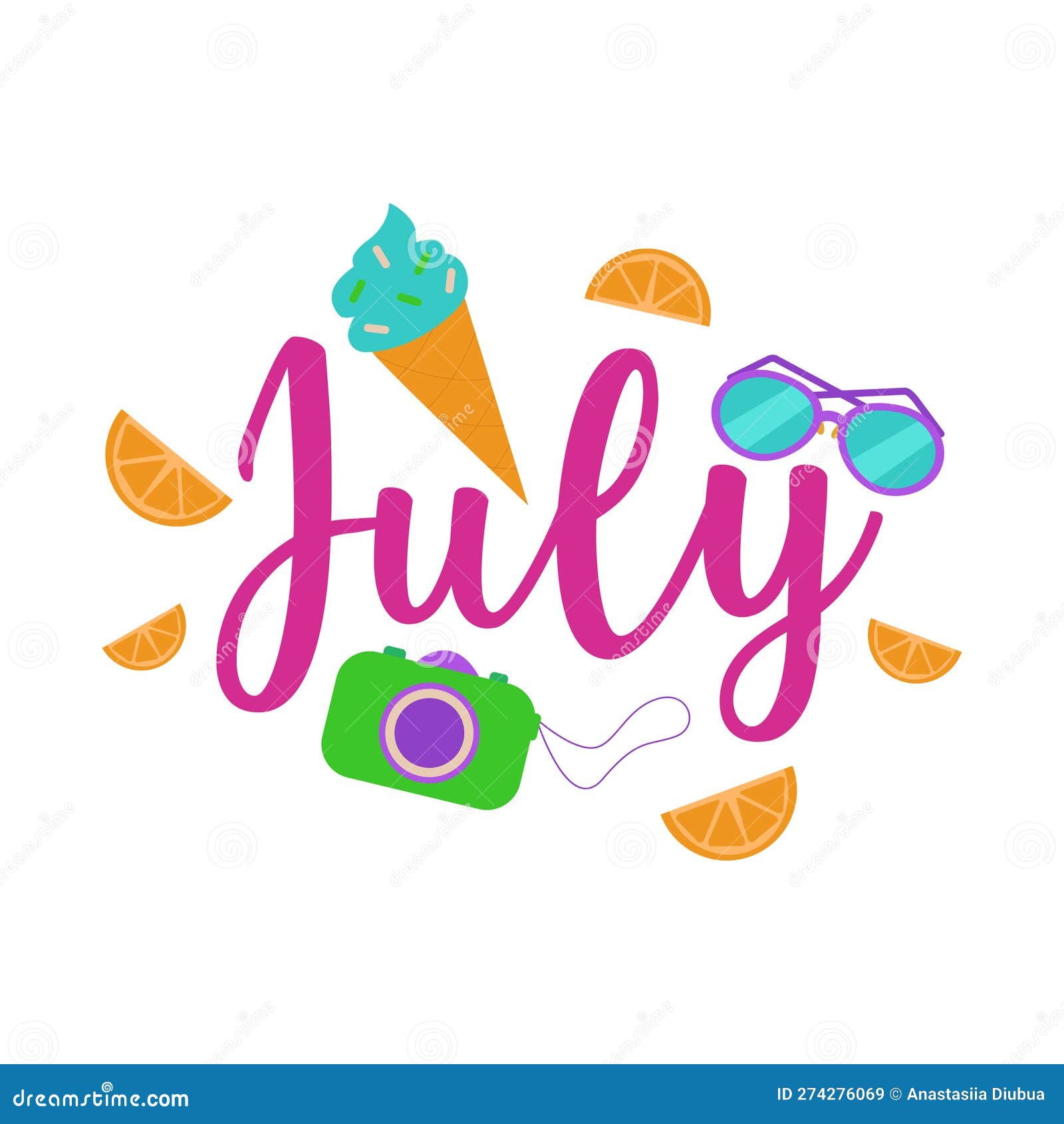Month July Lettering with Elements. Stock Vector - Illustration of ...