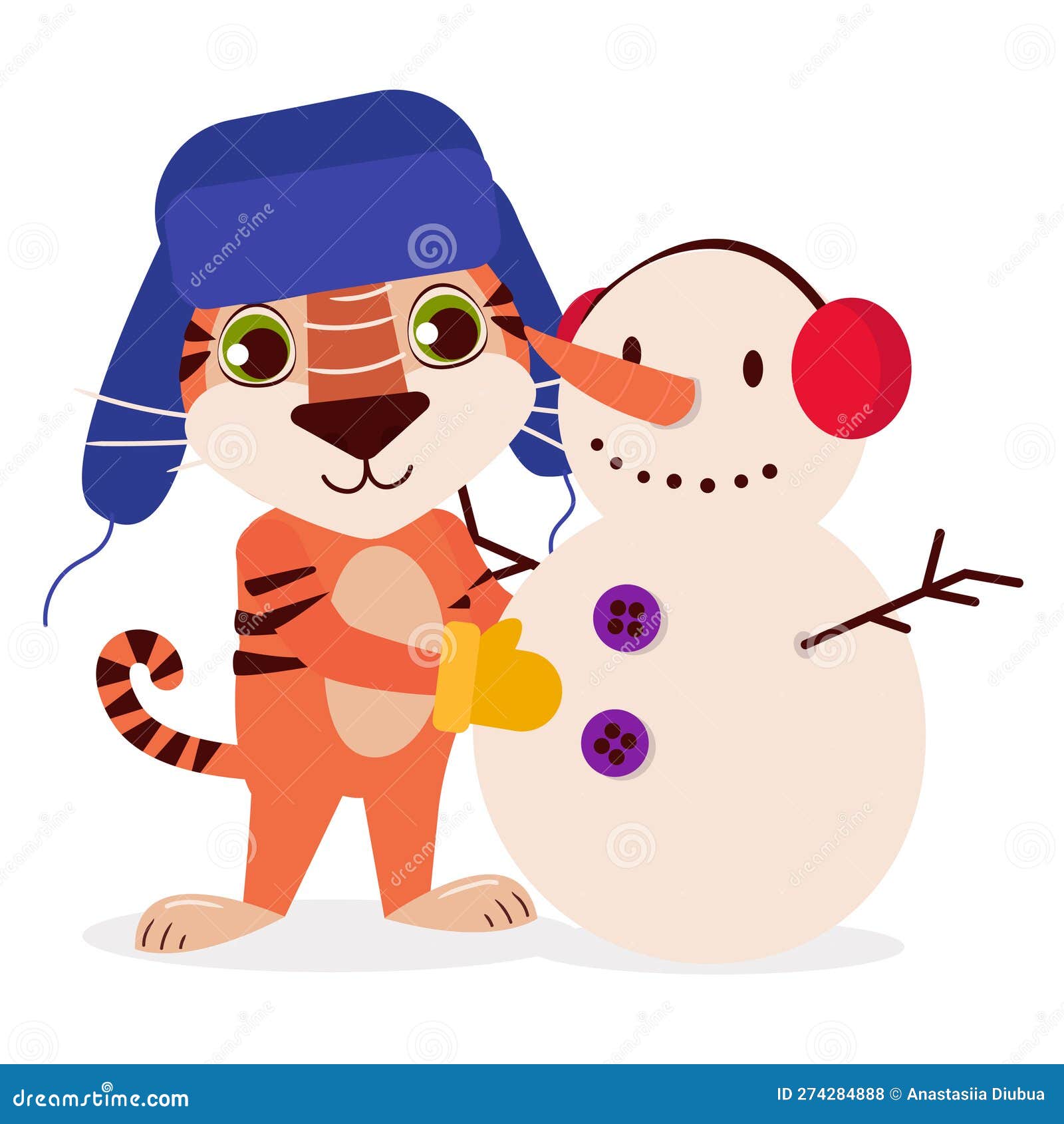 ?ute Tiger in a Hat with Earflaps Sculpts a Snowman. Stock Vector ...