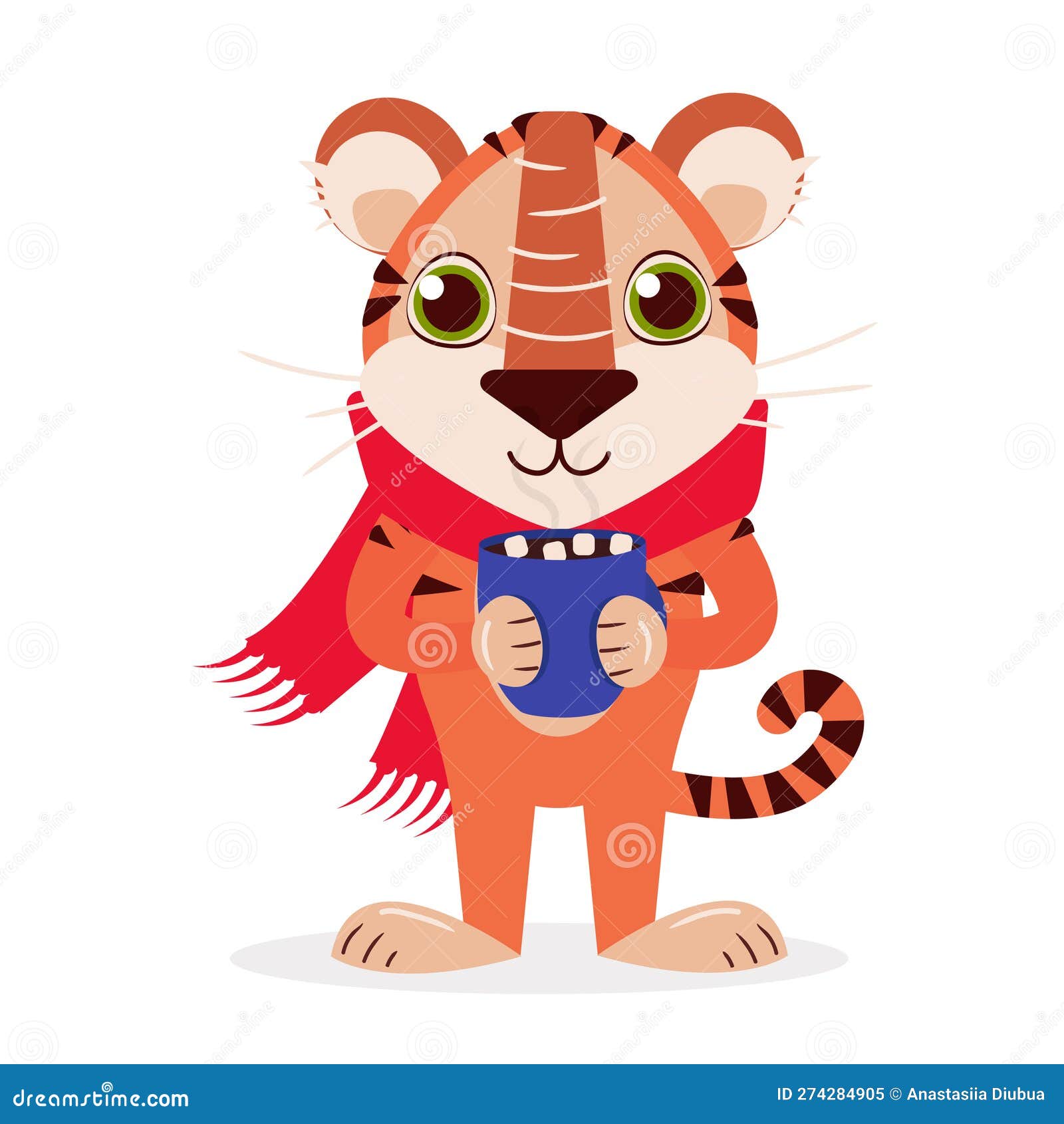Cute Tiger in a Blue Warm Scarf and with a Mug. Stock Vector ...