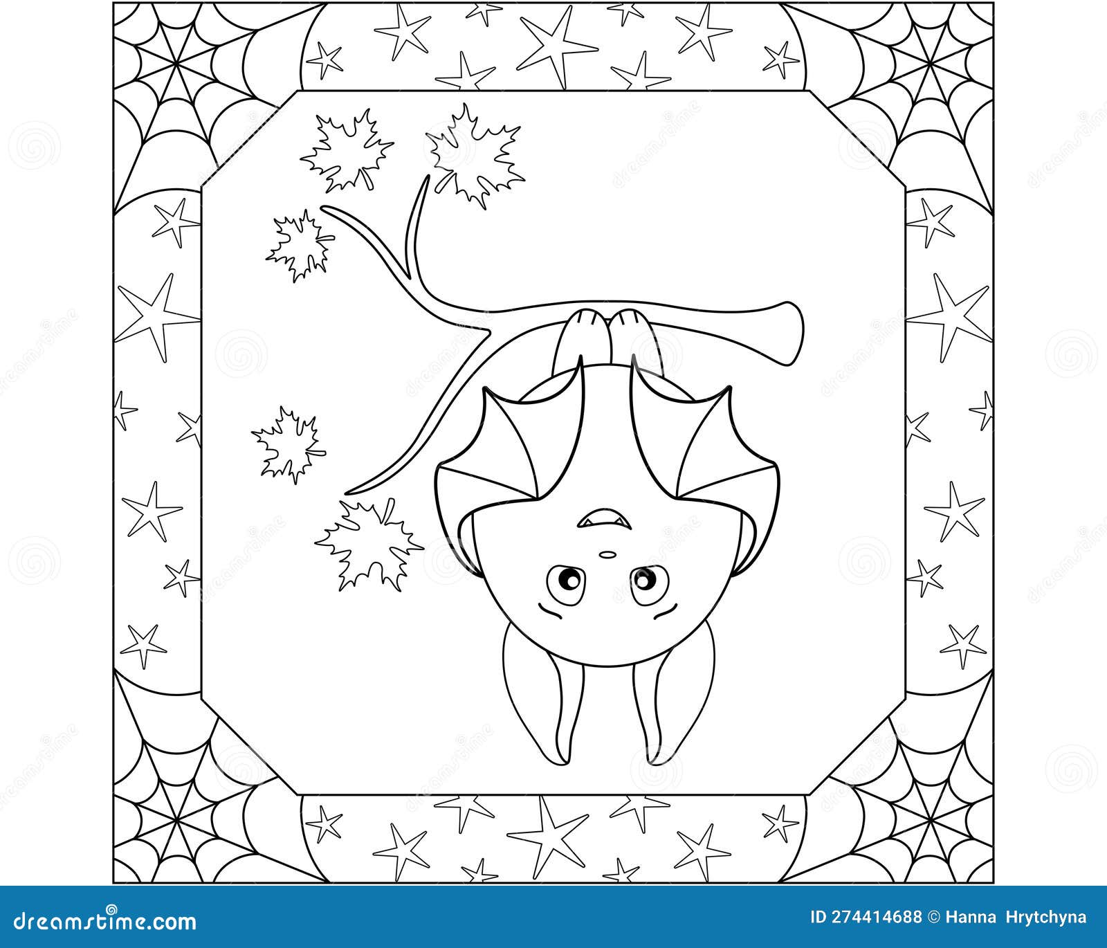 A Cute Bat Hanging Upside Down in a Square Frame with Cobwebs and Stars ...