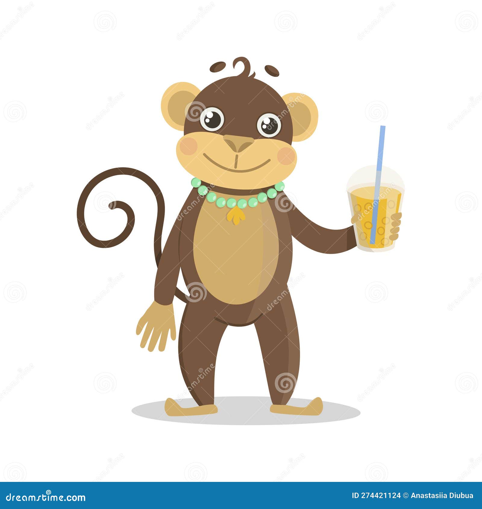 Monkey Stands and Holds a Cold Drink in His Hand Lemonade. Stock Vector ...