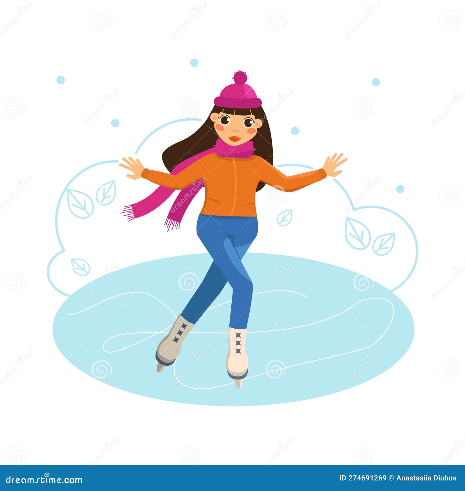 Cute Cartoon Girl in Warm Clothes Goes Ice Skating in Winter. Stock ...