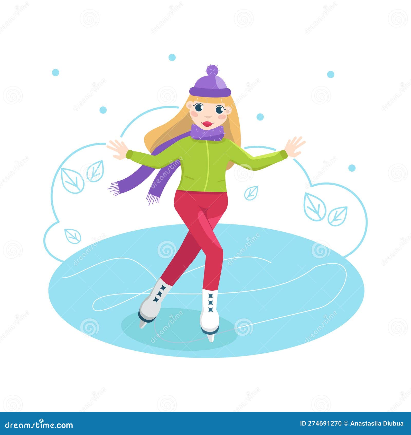 Cute Cartoon Girl in Warm Clothes Goes Ice Skating in Winter. Stock ...