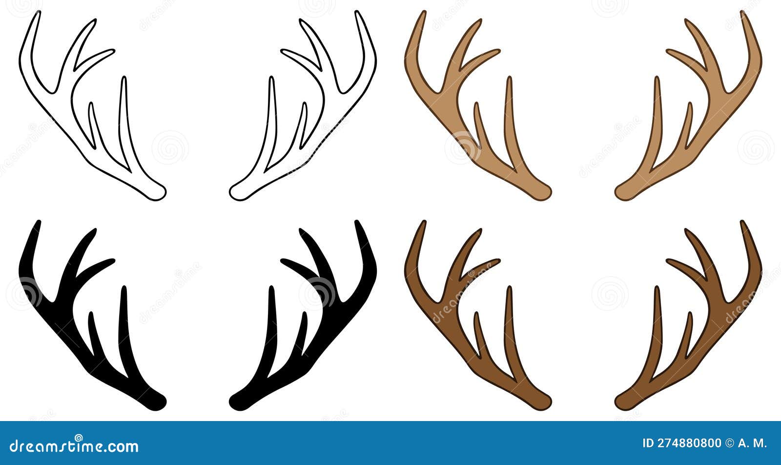 Deer Antlers Clipart Set - Outline, Silhouette & Color Vector ...
