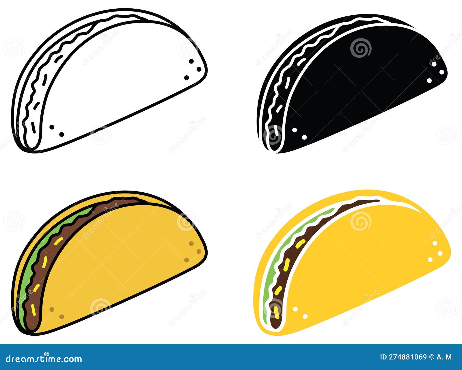 Simple Taco Clipart Set - Outline, Silhouette and Color Stock Vector - Illustration of cartoon ...