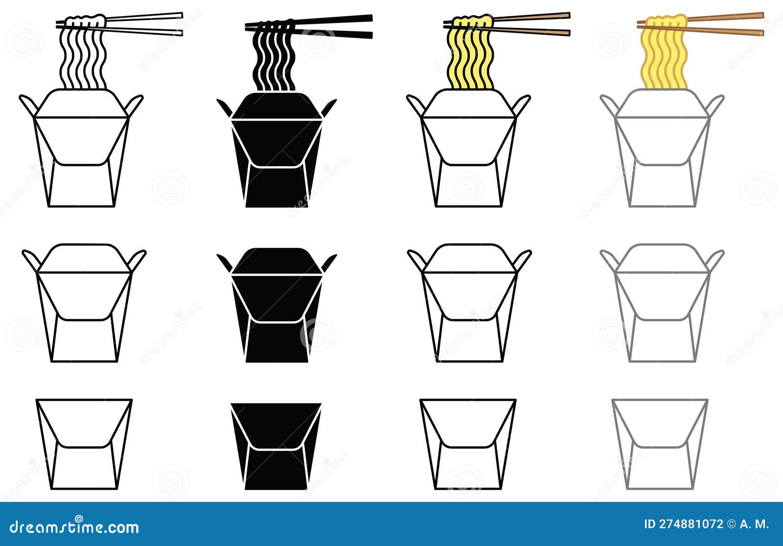 Ramen Noodle Takeout Box Clipart Set - Outline, Silhouette and Color ...