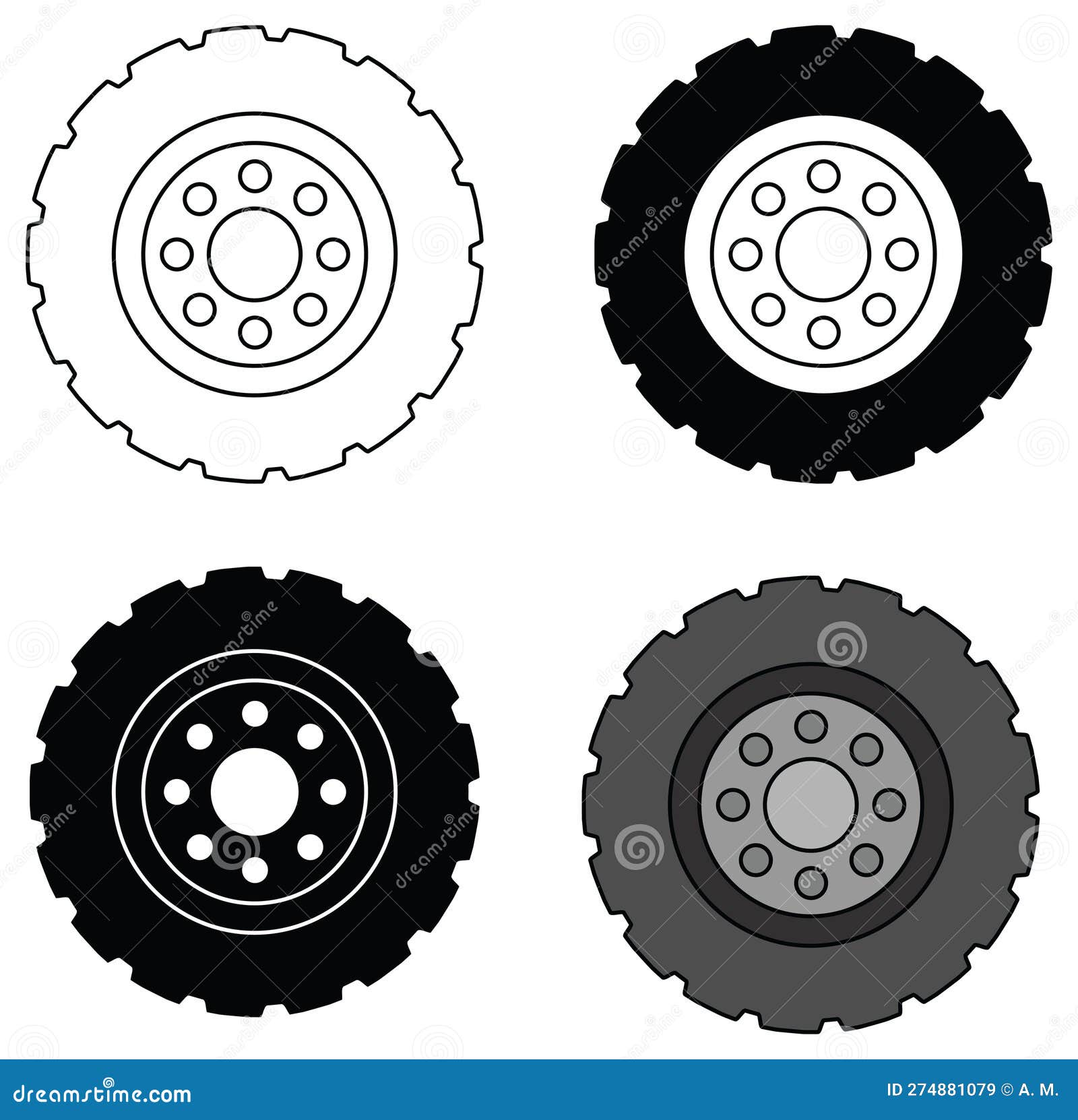 Large Tire Wheel Clipart Set - Outline, Silhouette & Color Stock Vector ...