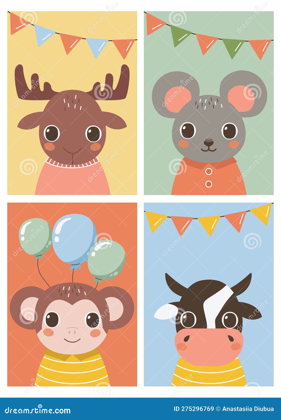 Set of Portraits of Animals at a Party. a Moose, a Mouse, a Monkey and ...
