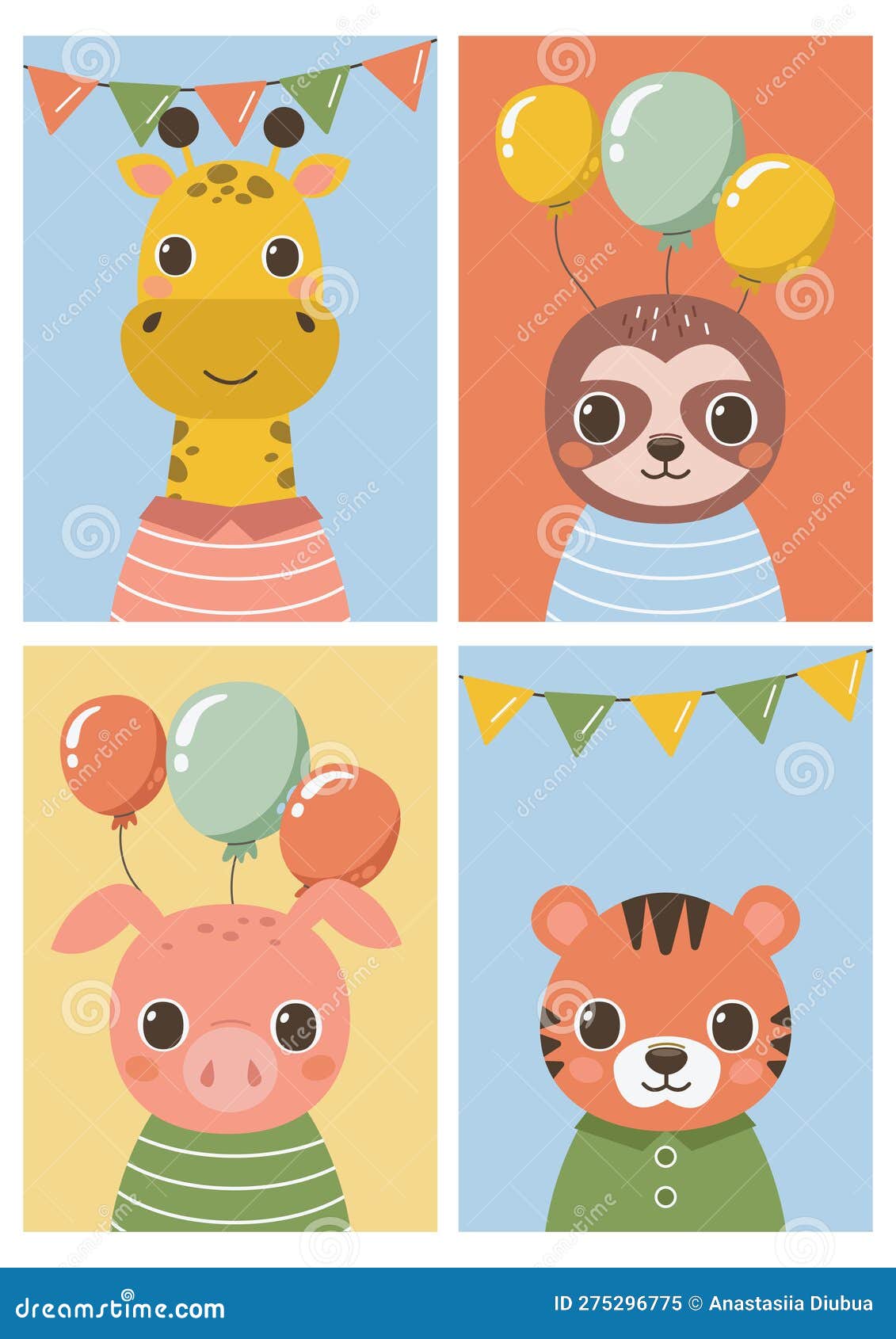 Set of Portraits of Animals at a Party. a Giraffe, a Sloth, a Pig and a ...