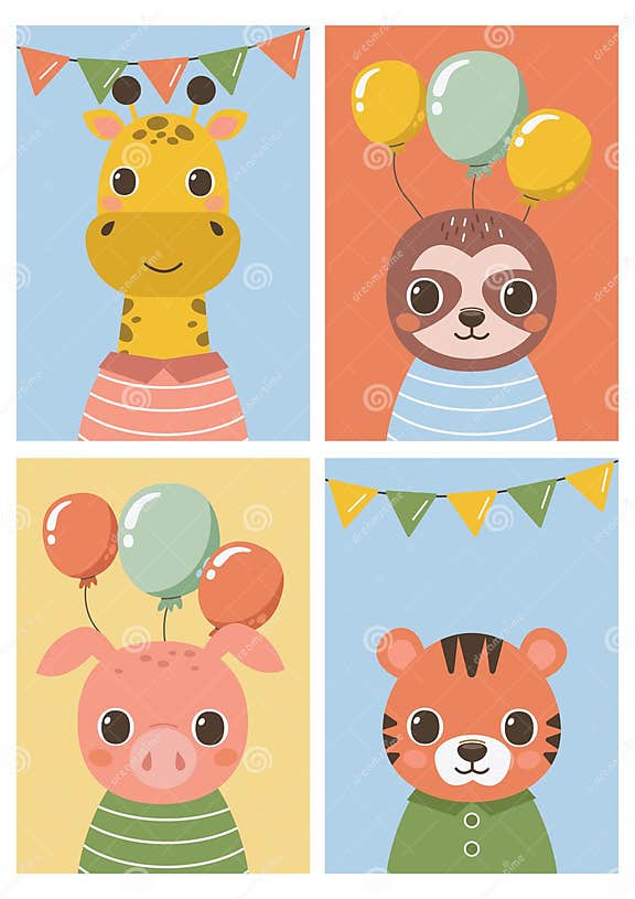 Set of Portraits of Animals at a Party. a Giraffe, a Sloth, a Pig and a ...