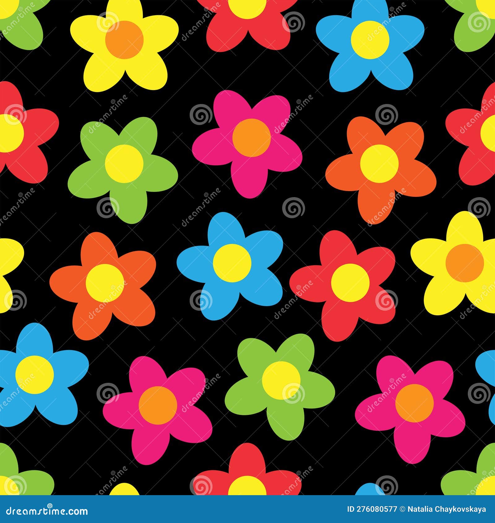 Retro Seamless Pattern with Bright Colors and Black Background Stock ...