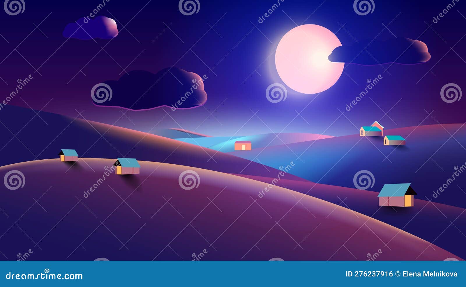 Minimalist Abstract Night Landscape with Houses and Moon Stock Vector ...