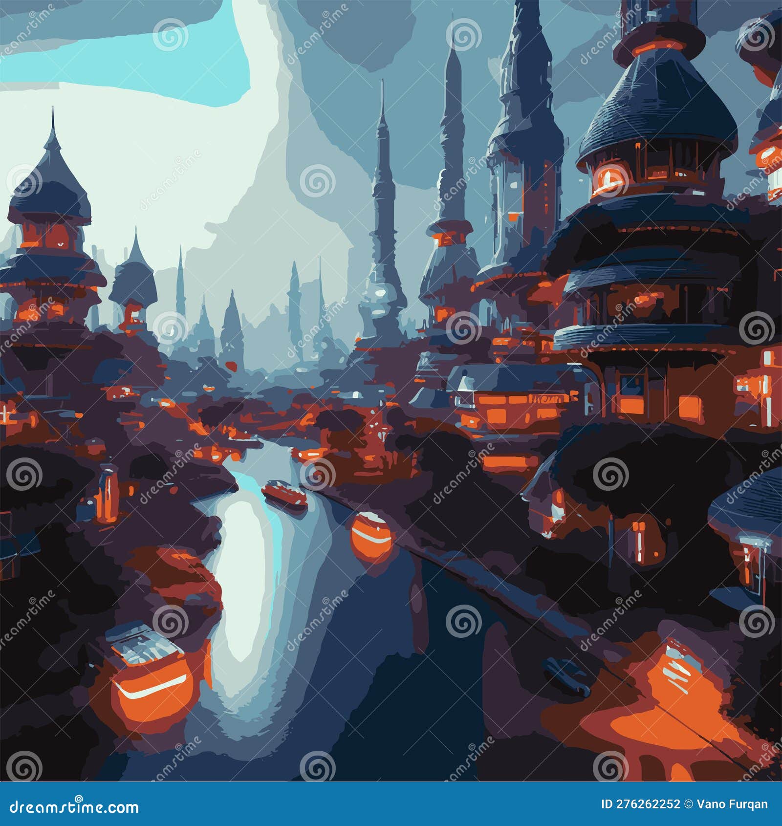 Distant Future 3D Photorealistic Illustration of Neon-lit Village Stock ...