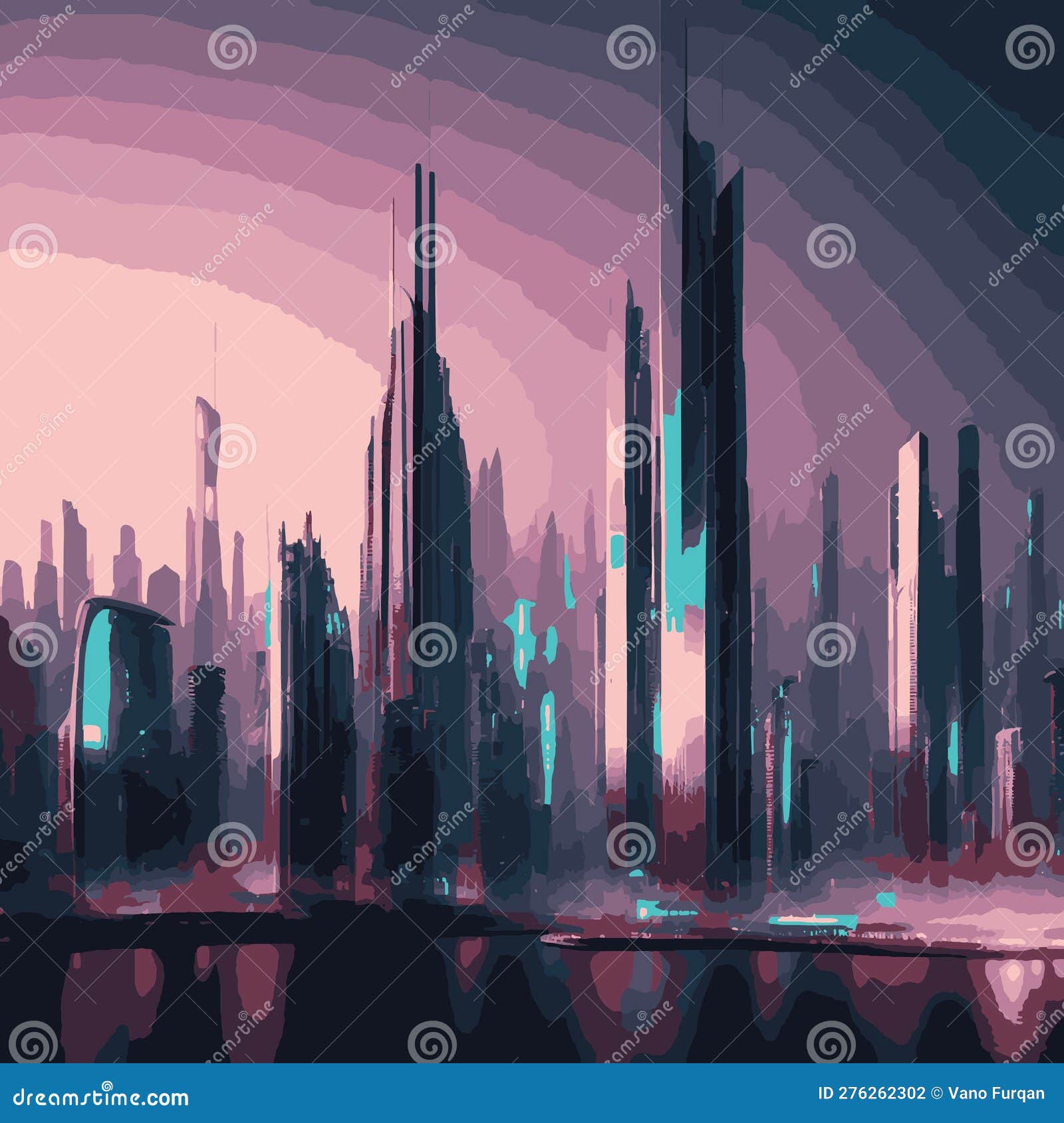 Distant Future Dystopia Neon-lit Town 3D Photorealistic Illustration ...