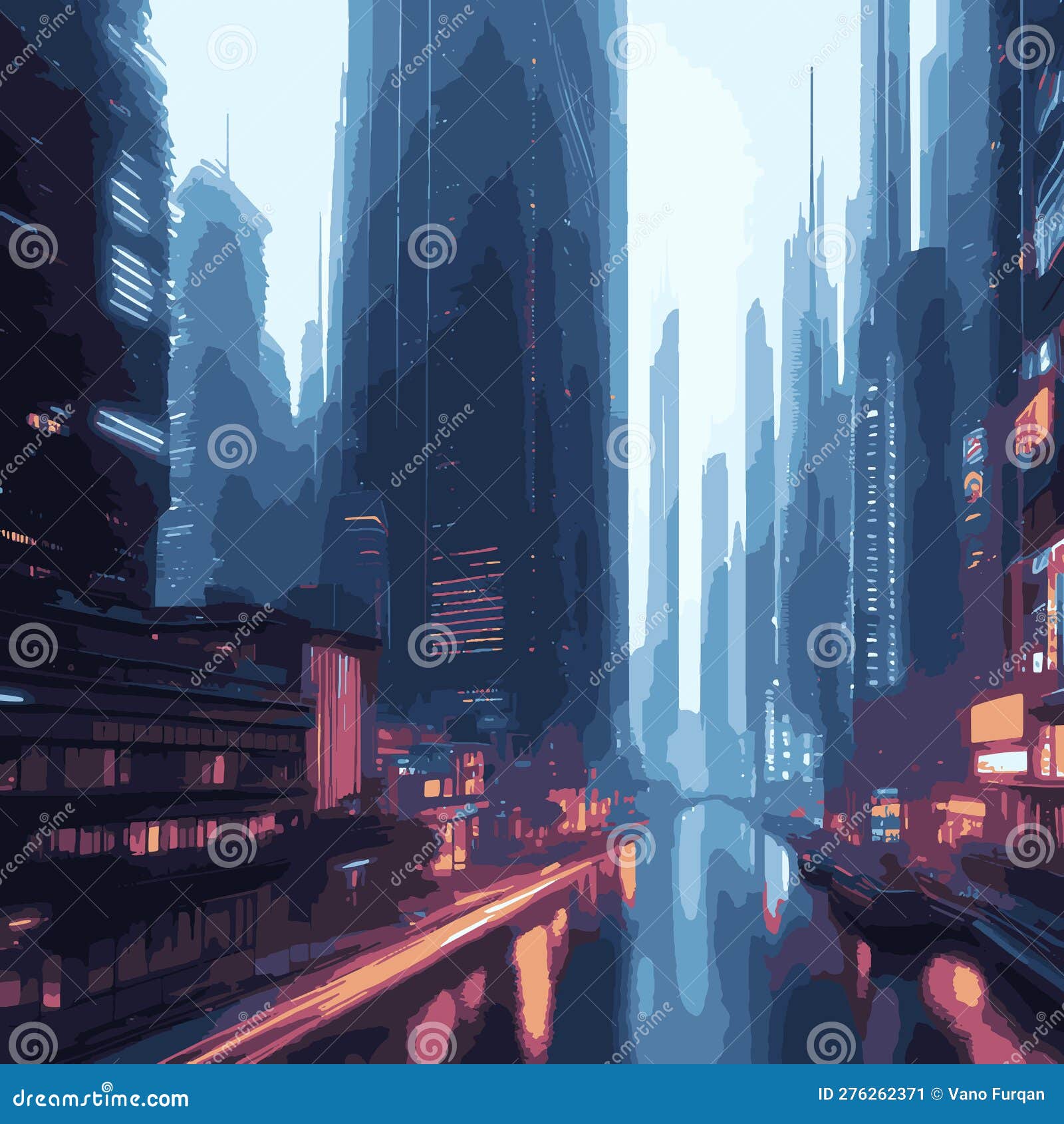 Distant Future Neon-lit Dystopian Town 3D Photorealistic Illustration ...