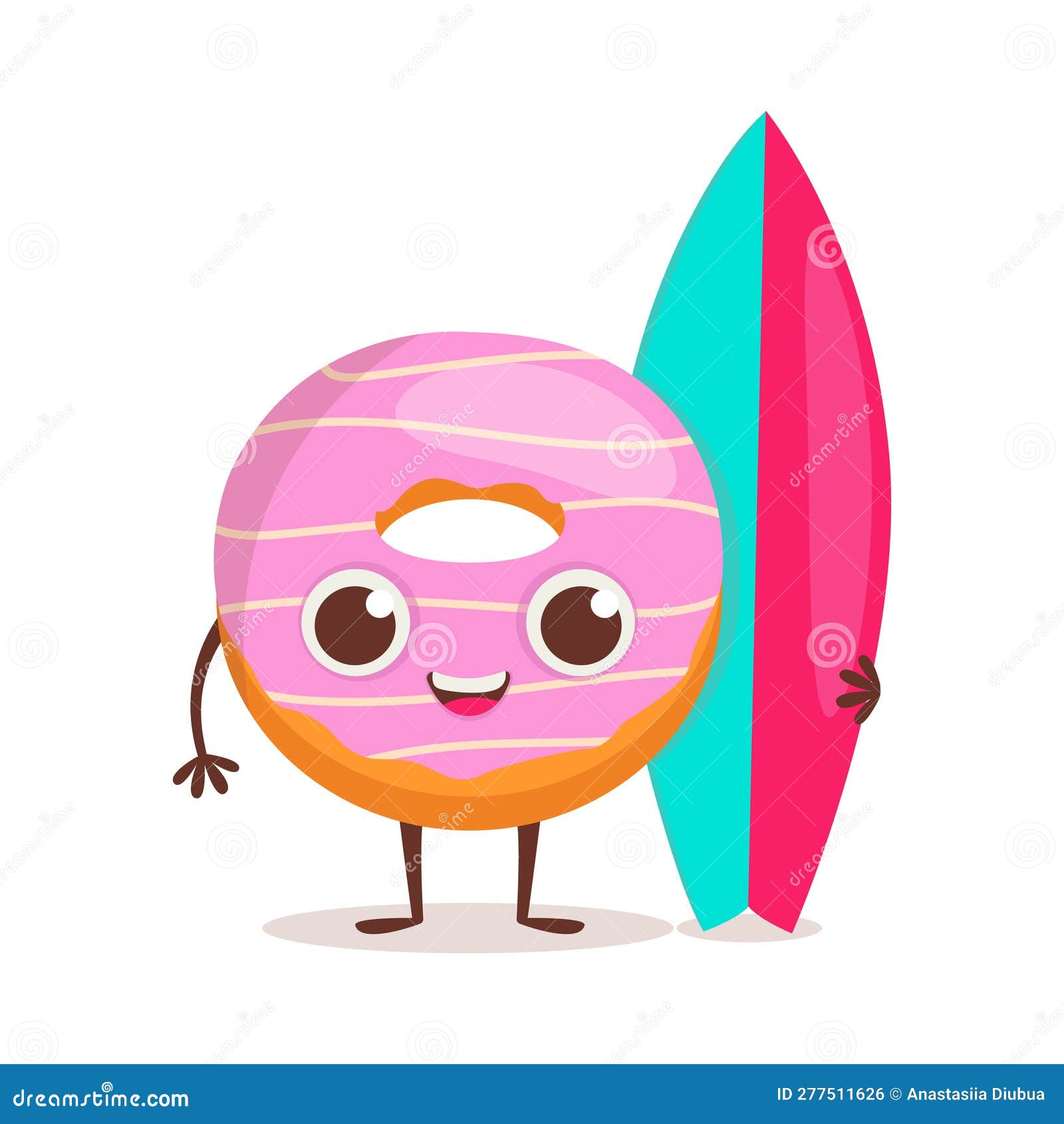 Cute Dessert Character. Donut with Icing Holding a Surfboard. Summer ...