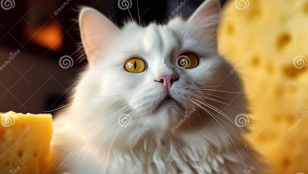 Cute Fluffy White Cat with Cheese, Generative, Ai Stock Illustration ...