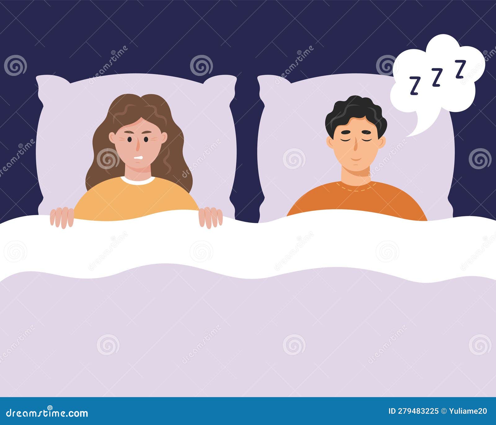 Snore Concept. Tiny Characters Sleeping In Bed And Suffering Of Snoring ...