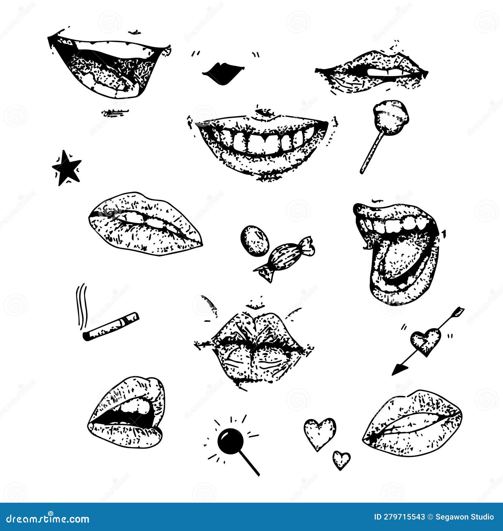 Doodle Lips and Mouth Line Art Element Clipart Illustration Stock ...