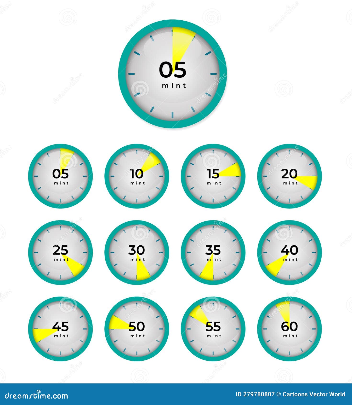 Set of Cartoon Style Decent Timer Clocks with Five Minutes Gap Vector ...