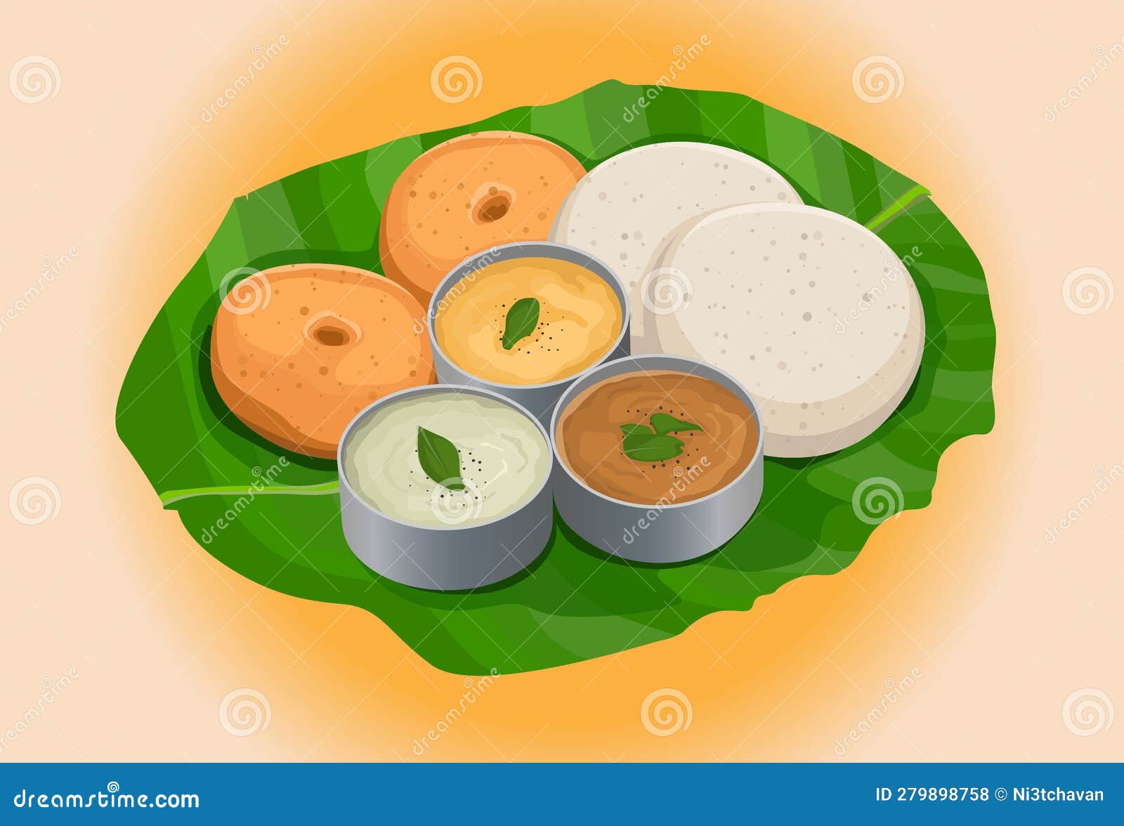 Idali and Sambar with Banana Leaf and Chatni. Stock Vector ...