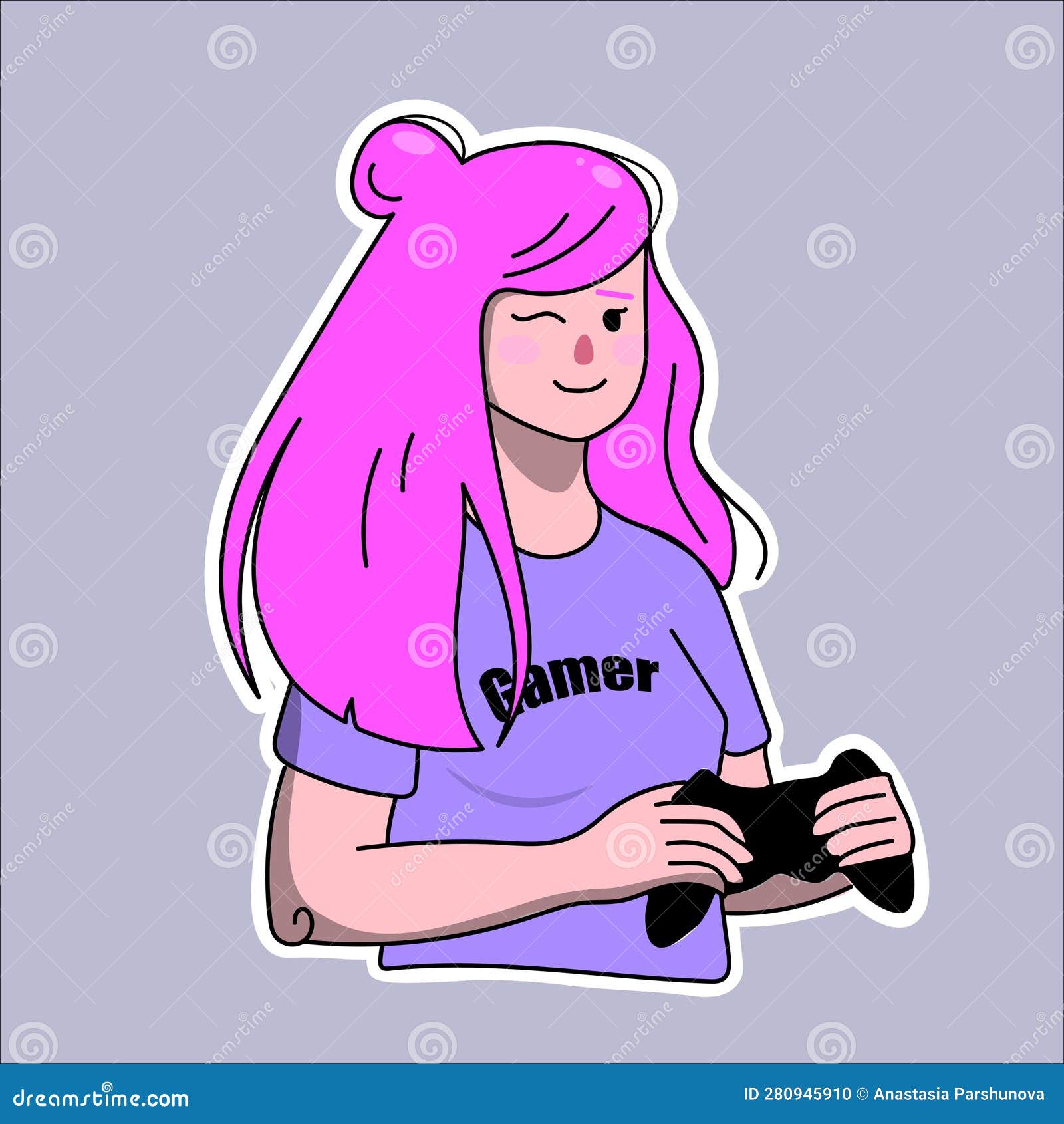 Cute Gamer Girl with Pink Hair Stock Illustration - Illustration of ...