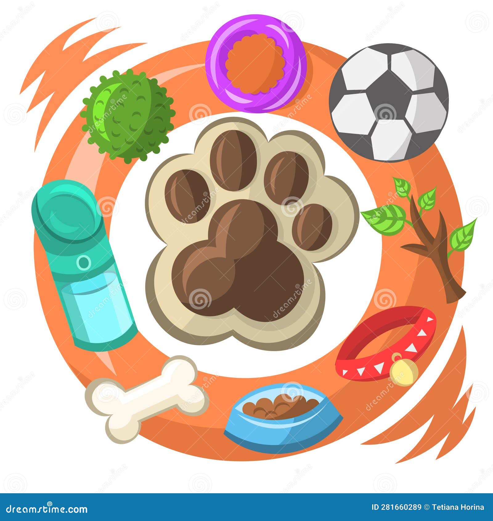 Dog Paw with Various Dog Pet Objects Around in Orange Circle - Vector ...