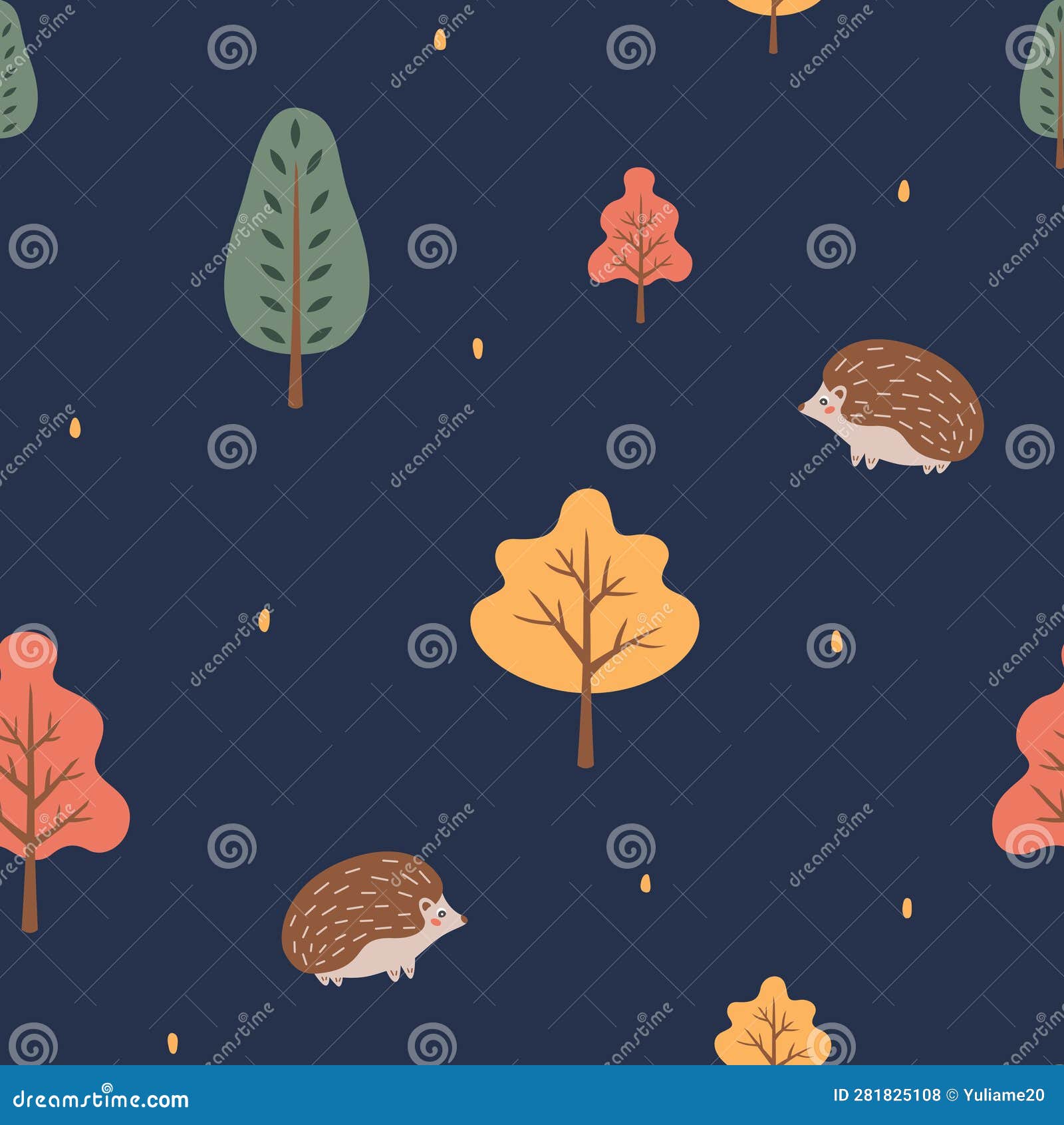 Autumn Seamless Pattern with Cute Hedgehogs and Fall Trees. Woodland Animals or Forest Theme ...
