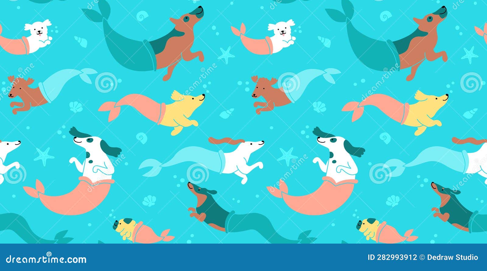 Funny Dog Mermaid Swimming Underwater Cartoon Seamless Pattern Stock ...