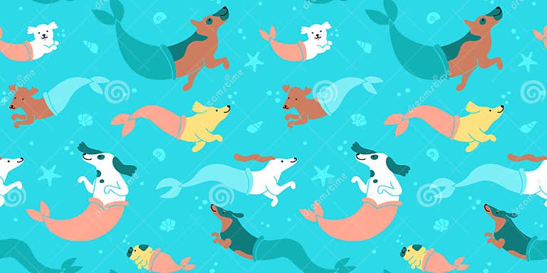 Funny Dog Mermaid Swimming Underwater Cartoon Seamless Pattern Stock ...