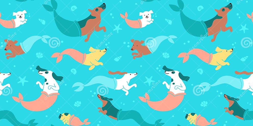 Funny Dog Mermaid Swimming Underwater Cartoon Seamless Pattern Stock ...