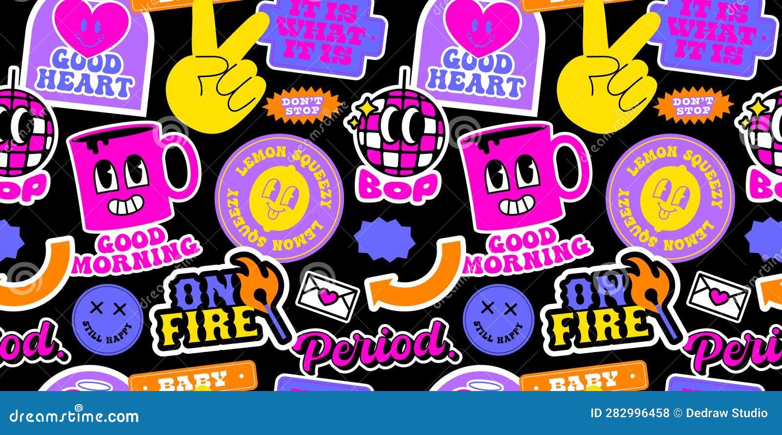 Vintage Cartoon Sticker Label Seamless Pattern Stock Vector ...